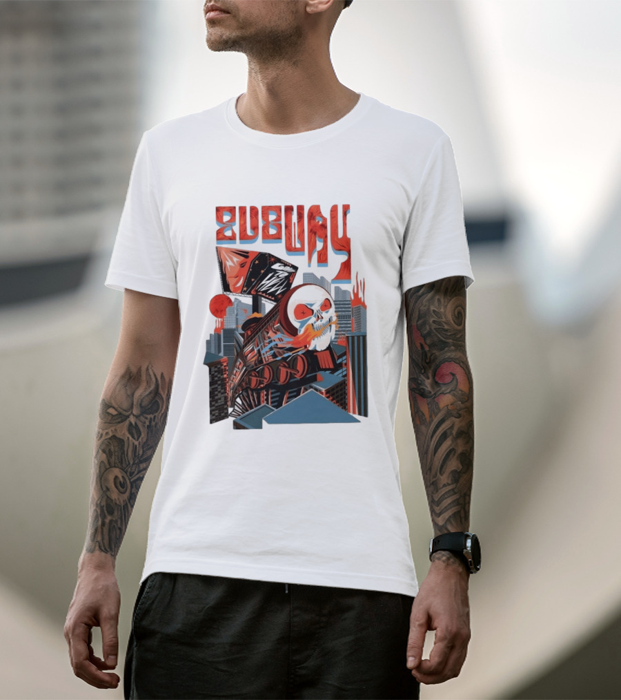Subway Goes To Hell Skull Train Surreal Cityscape T-Shirt