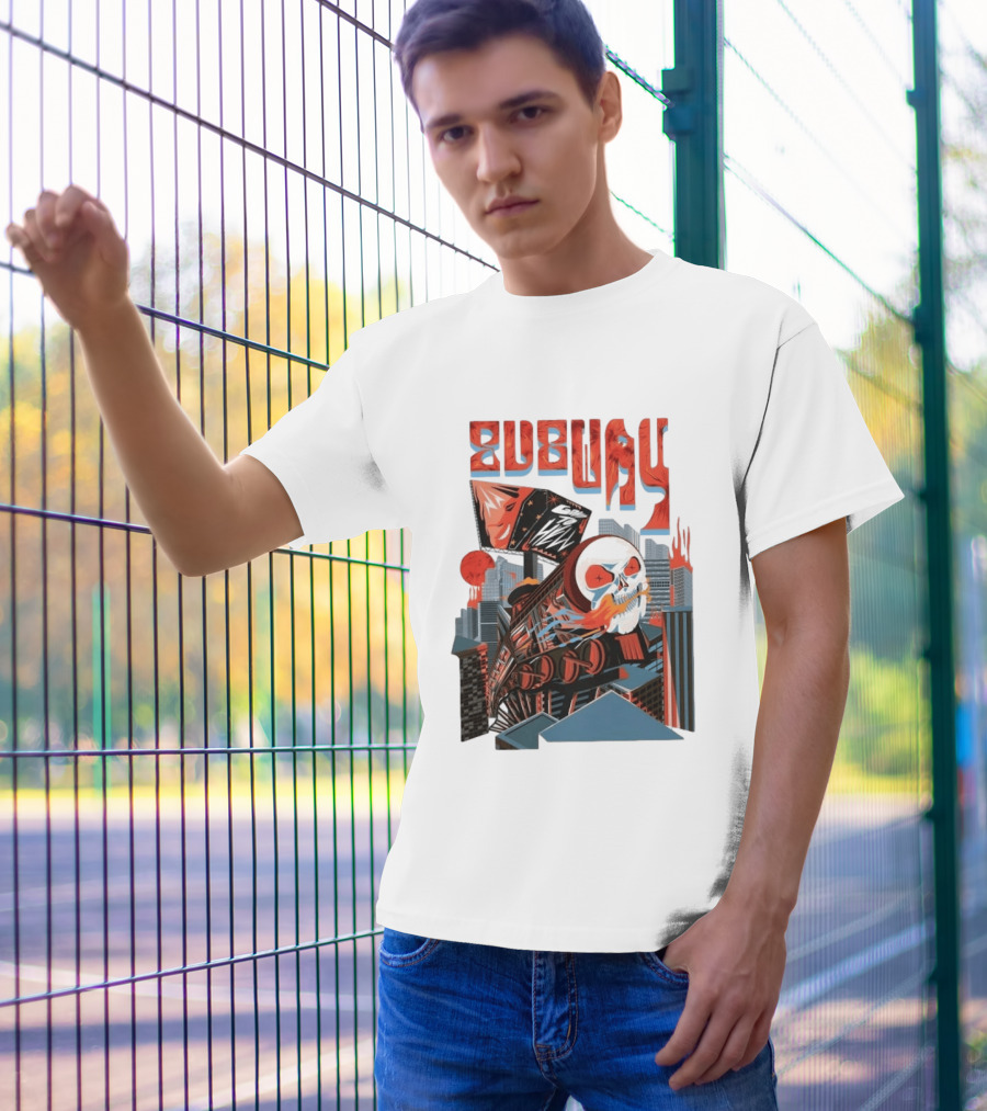 Subway Goes To Hell Skull Train Surreal Cityscape T-Shirt