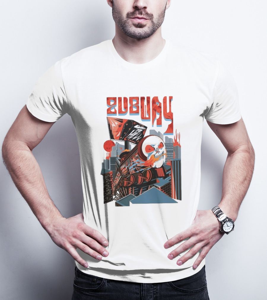 Subway Goes To Hell Skull Train Surreal Cityscape T-Shirt