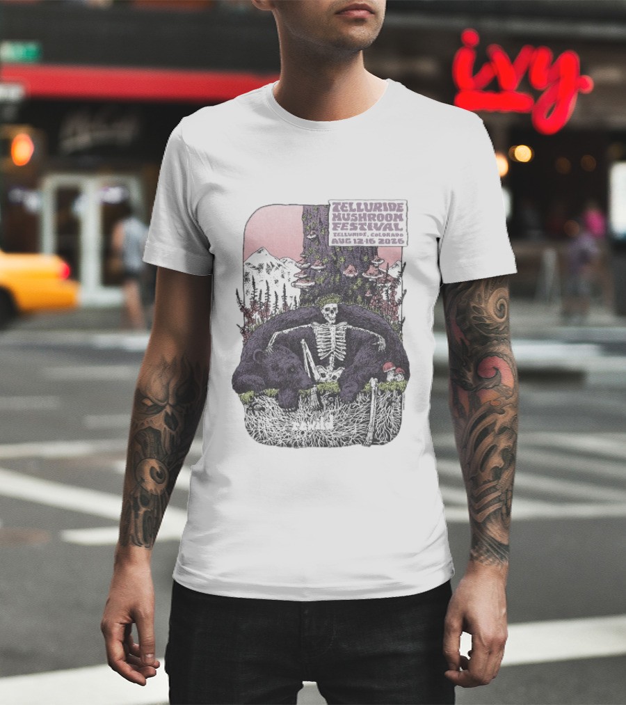 Telluride Mushroom Festival August 12 16 2026 Colorado Skeleton Bear Mountain Scene T-Shirt