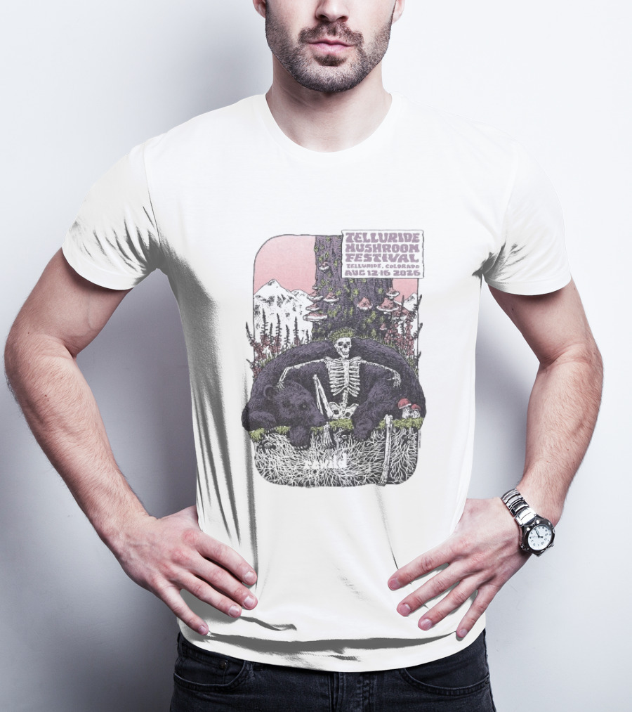 Telluride Mushroom Festival August 12 16 2026 Colorado Skeleton Bear Mountain Scene T-Shirt