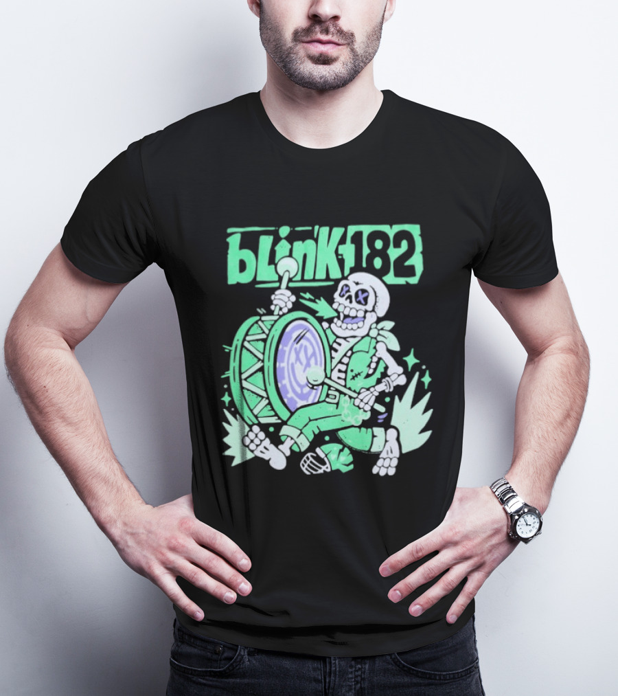 Blink 182 Skeleton Drum Art With Playful Percussion T-Shirt