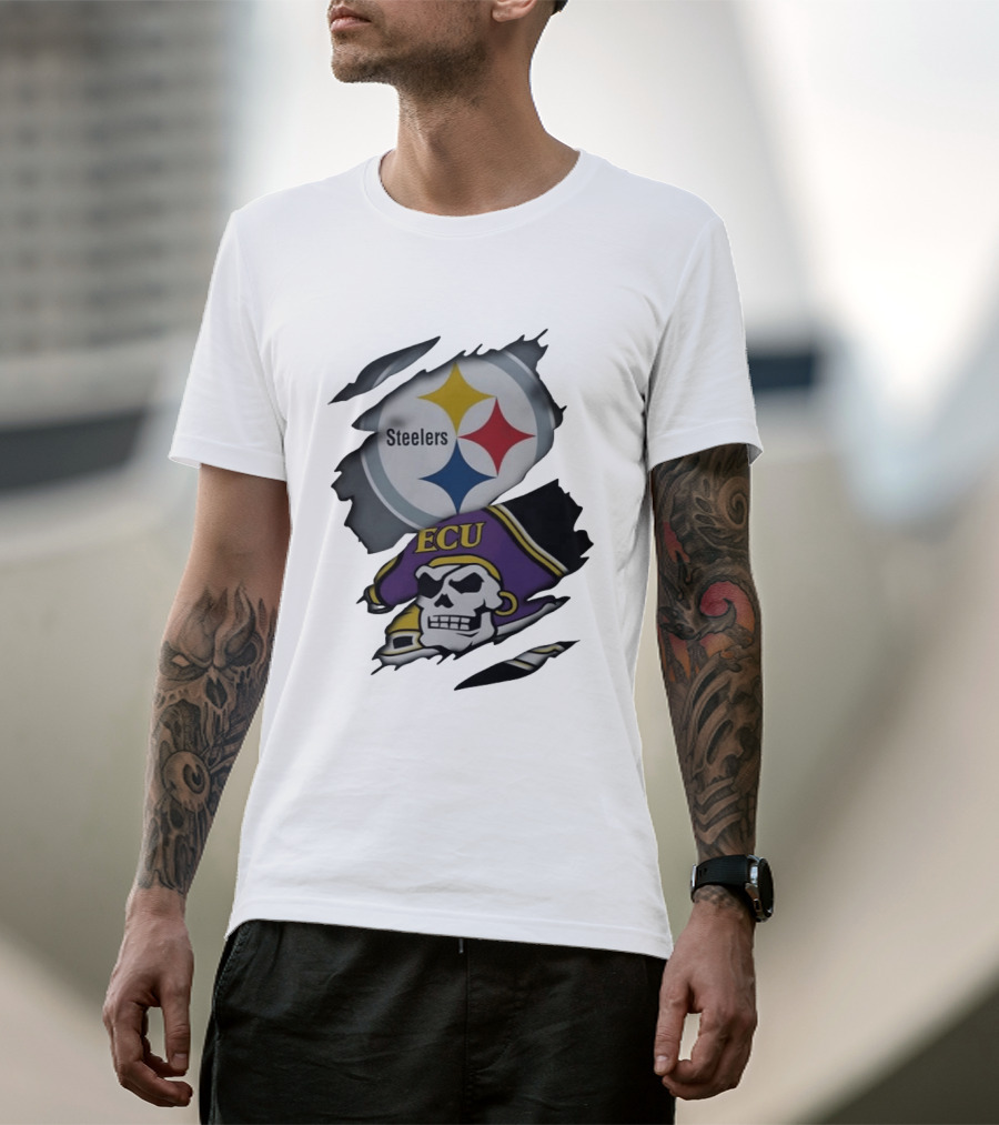 Pittsburgh Steelers And ECU Pirates Ripped T-Shirt