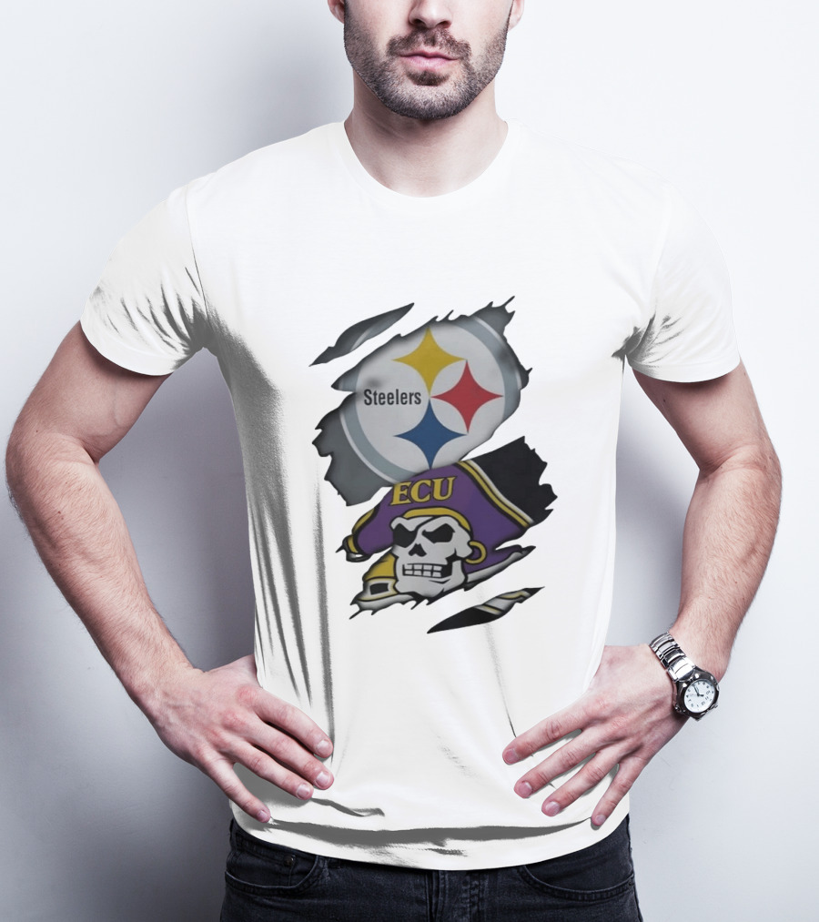 Pittsburgh Steelers And ECU Pirates Ripped T-Shirt