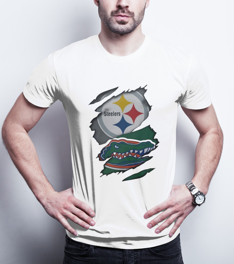 Pittsburgh Steelers Florida Gators Ripped Skin Effect Logos T-Shirt