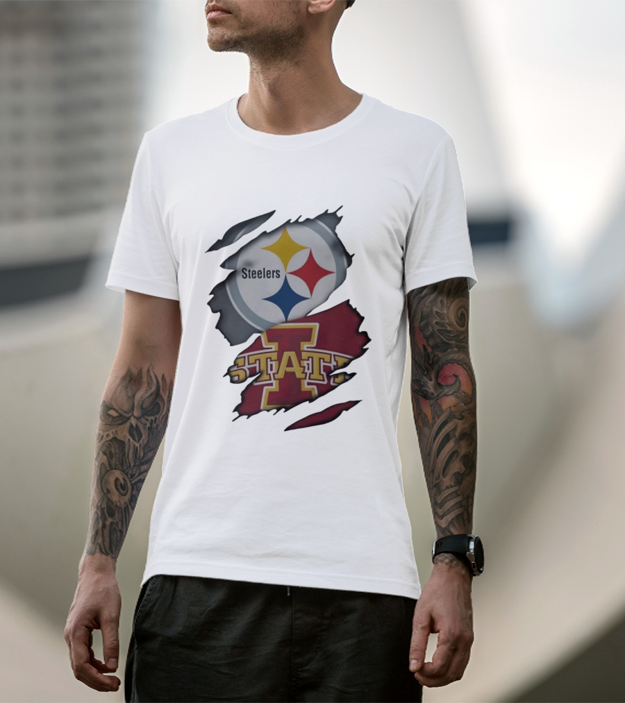 Pittsburgh Steelers Iowa State Cyclones Ripped Fabric Football Fandom Fusion T-Shirt