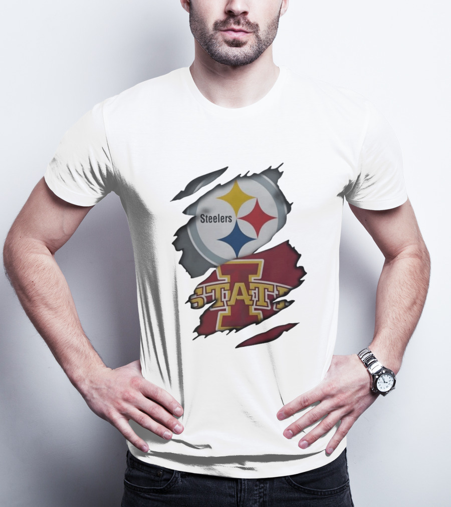 Pittsburgh Steelers Iowa State Cyclones Ripped Fabric Football Fandom Fusion T-Shirt