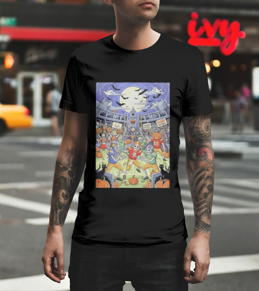 American Football Skeleton Players Halloween Spooky Stadium Night Pumpkins Ghosts Bats T-Shirt