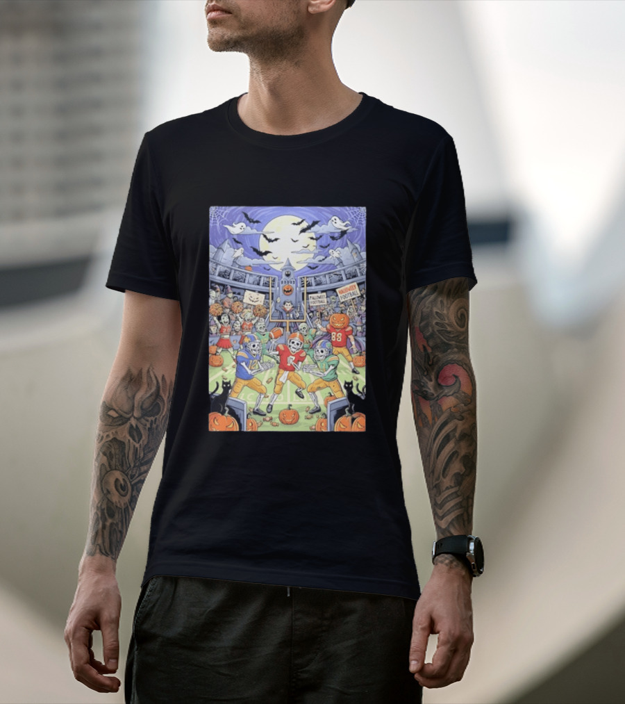 American Football Skeleton Players Halloween Spooky Stadium Night Pumpkins Ghosts Bats T-Shirt