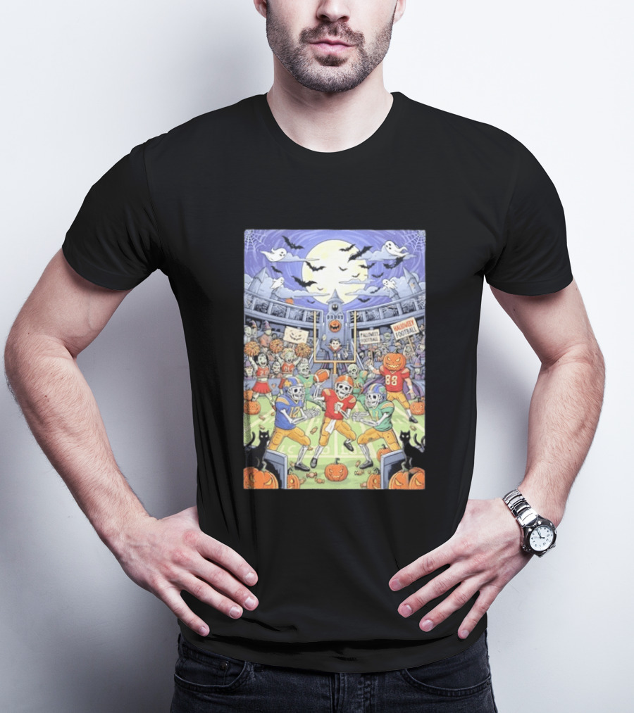 American Football Skeleton Players Halloween Spooky Stadium Night Pumpkins Ghosts Bats T-Shirt