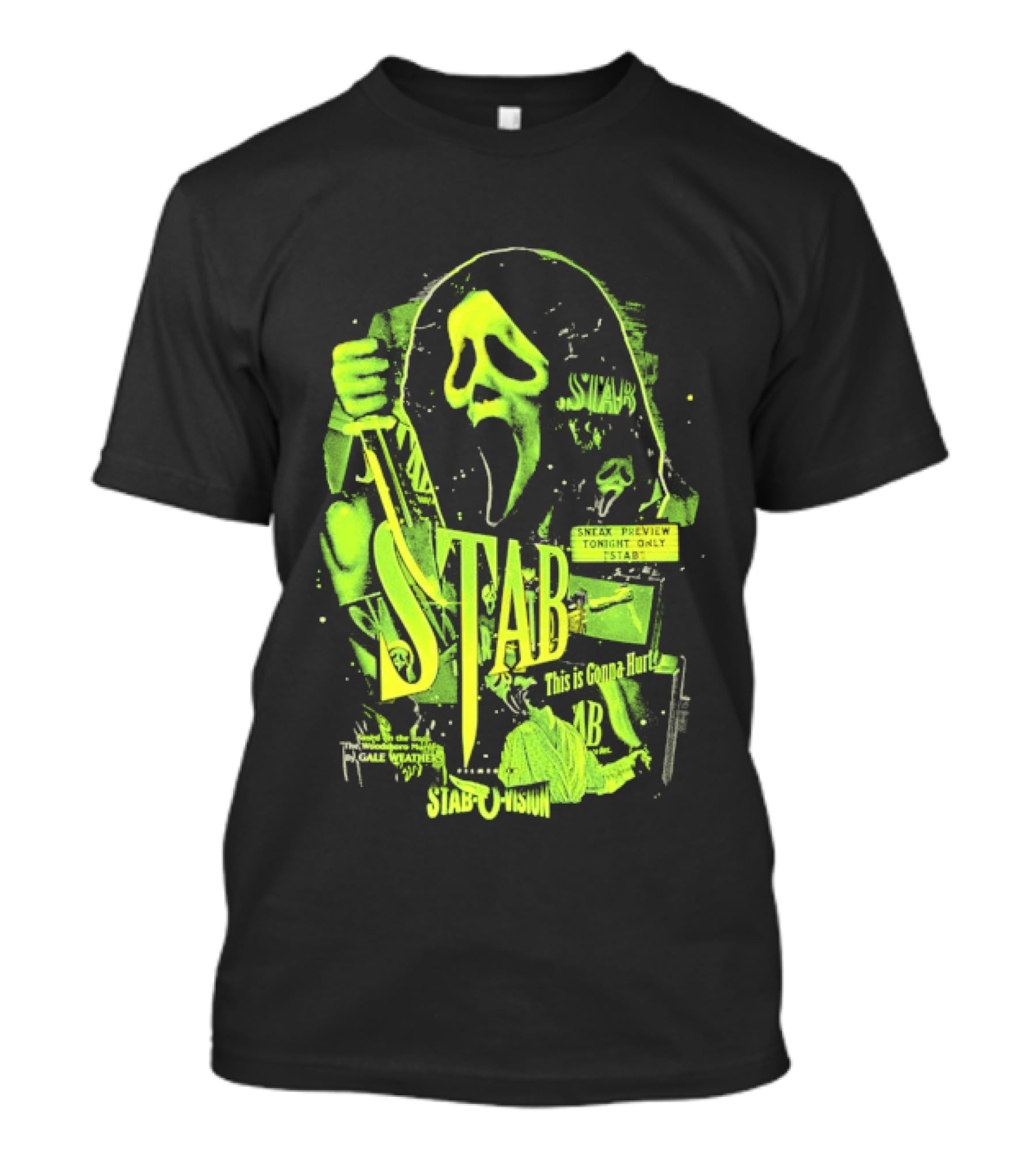 Ghostface Stab O Vision Horror Movie Mask Knife Graphic Neon T-Shirt