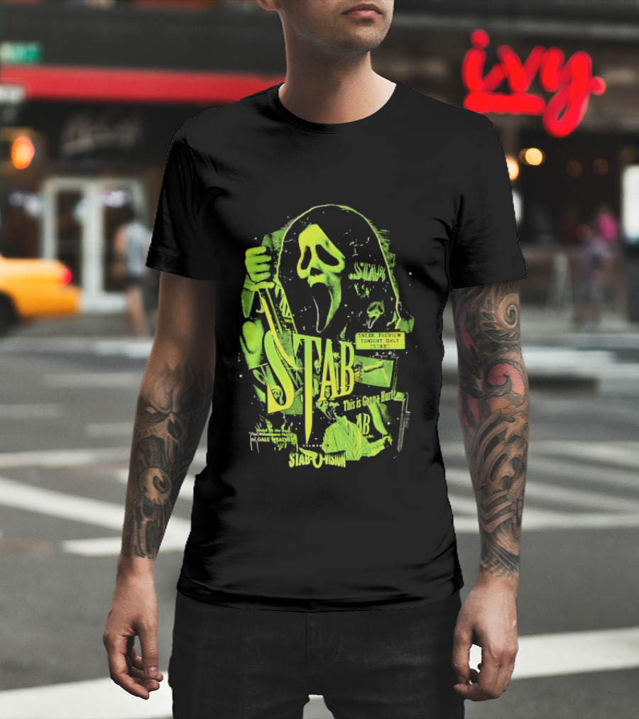 Ghostface Stab O Vision Horror Movie Mask Knife Graphic Neon T-Shirt