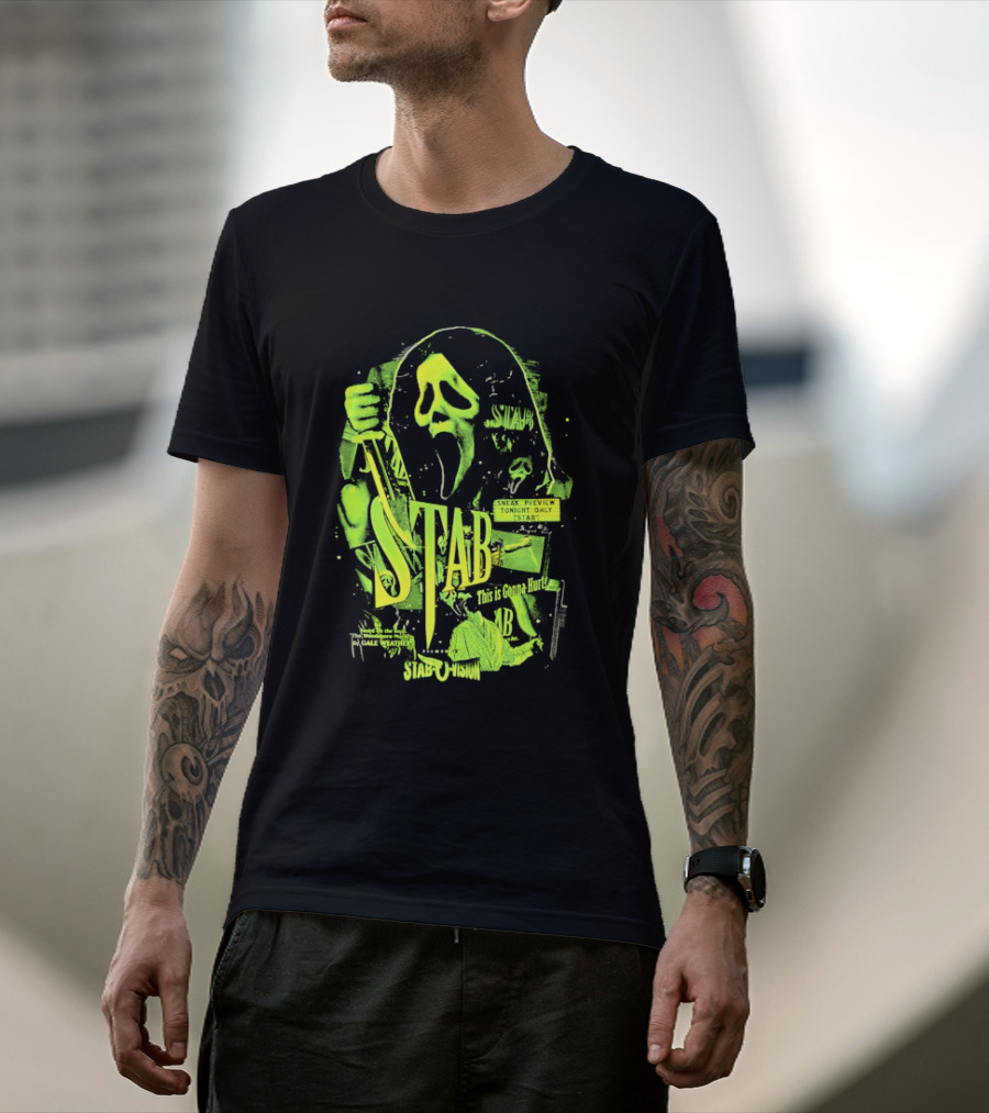 Ghostface Stab O Vision Horror Movie Mask Knife Graphic Neon T-Shirt