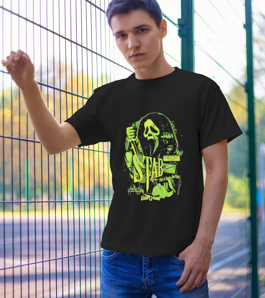 Ghostface Stab O Vision Horror Movie Mask Knife Graphic Neon T-Shirt