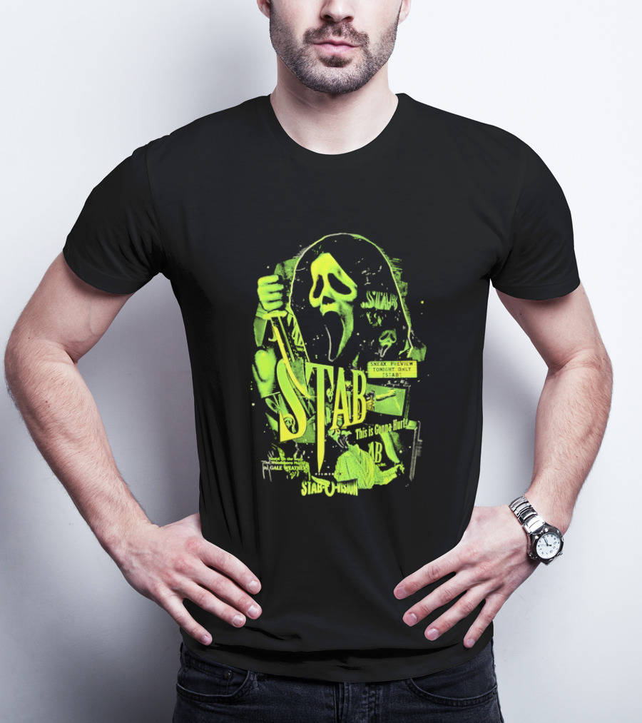 Ghostface Stab O Vision Horror Movie Mask Knife Graphic Neon T-Shirt