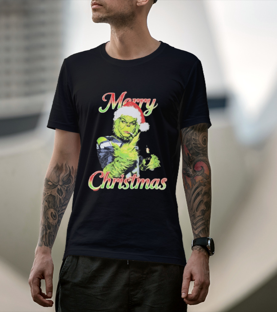 Merry Christmas Seattle Seahawks Grinch Beer Middle Finger T-Shirt