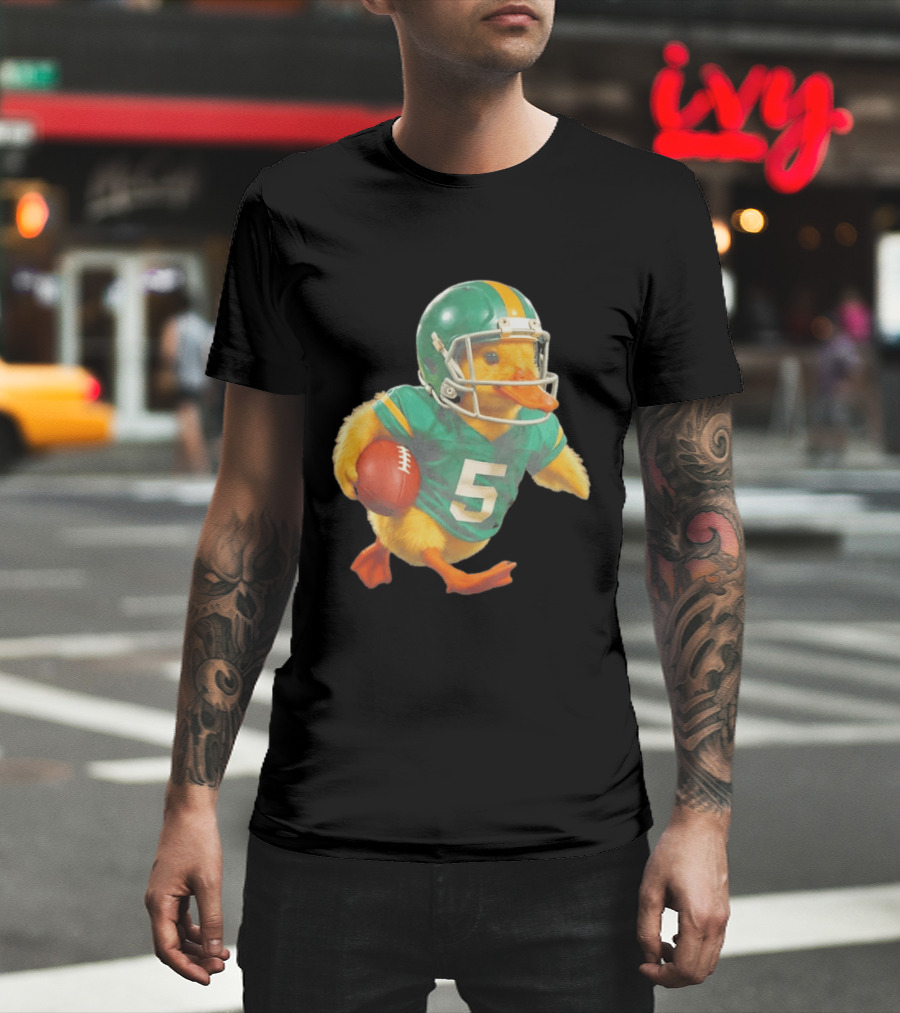 Yellow Duck Number 5 In Green Football Jersey With Helmet And Ball T-Shirt