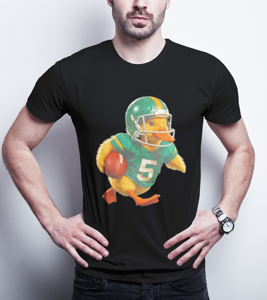 Yellow Duck Number 5 In Green Football Jersey With Helmet And Ball T-Shirt