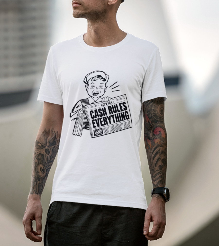 Cash Rules Everything Newspaper Boy Vintage Style Drawing T-Shirt