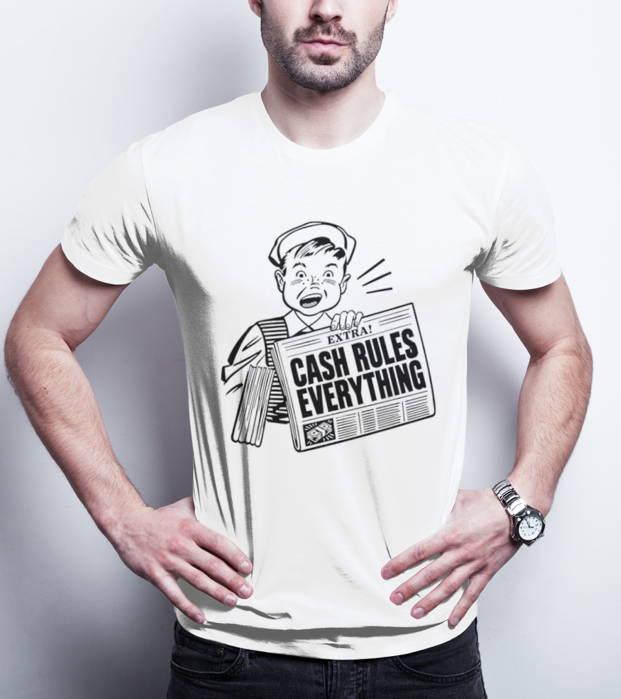 Cash Rules Everything Newspaper Boy Vintage Style Drawing T-Shirt