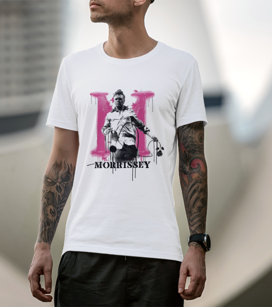 Morrissey M Graffiti Style Silhouette With Pink Dripping T-Shirt