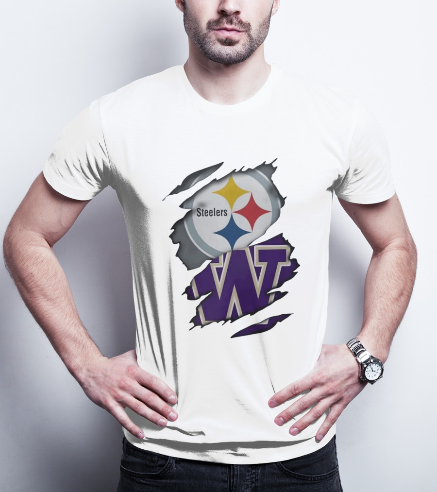 Pittsburgh Steelers Washington Huskies Ripped Logo Collaboration T-Shirt