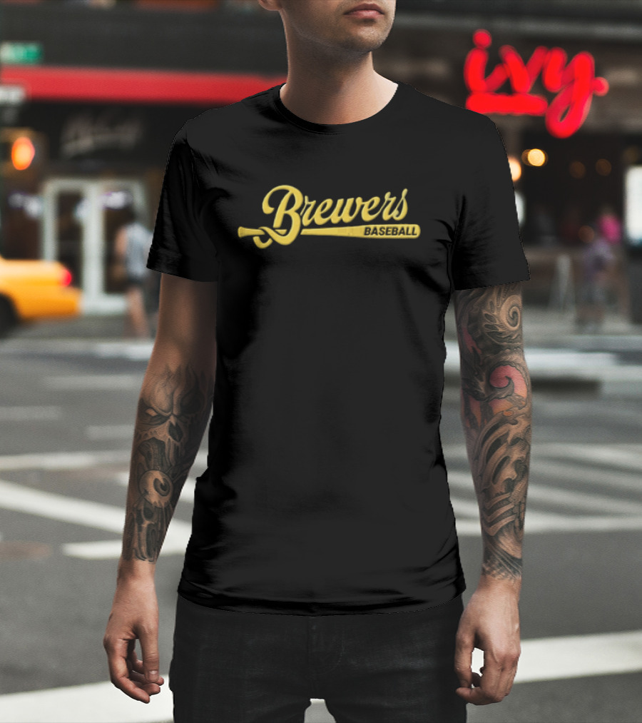 Milwaukee Brewers Yellow Script Baseball Bat Brewers T-Shirt