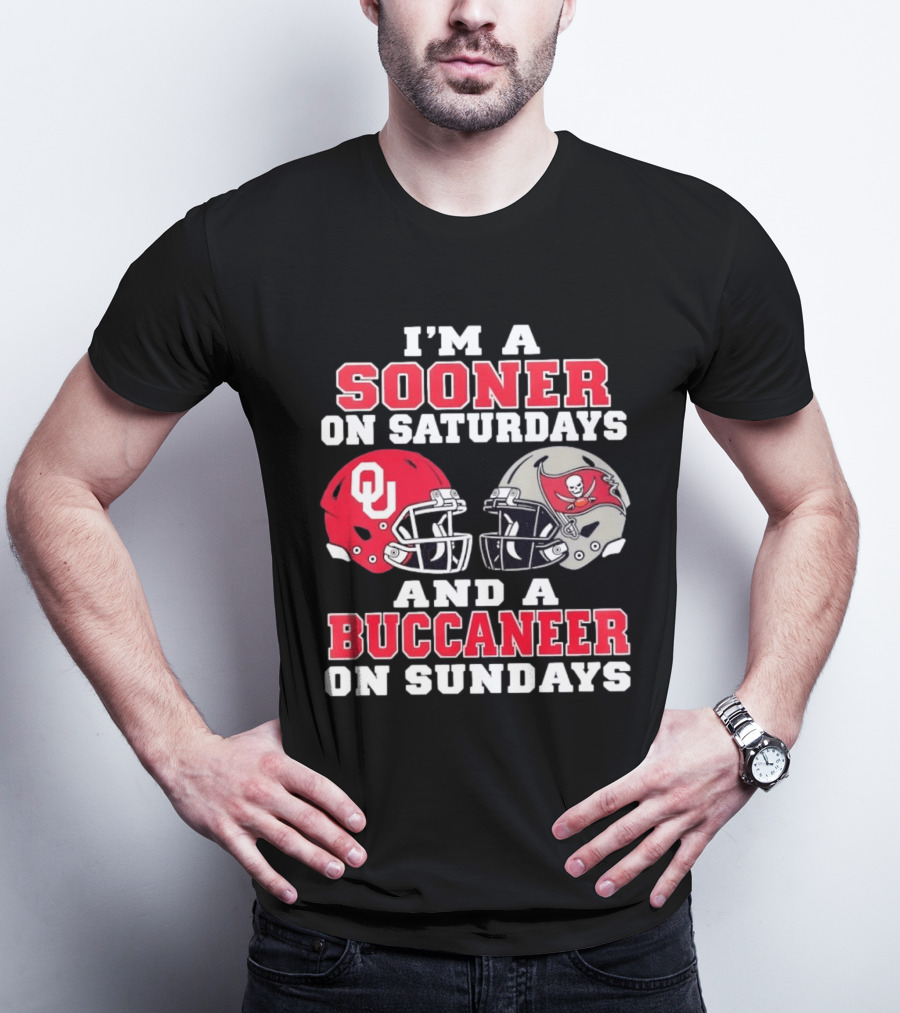 I'm A Sooner On Saturdays And A Buccaneer On Sundays Football Helmets OU Tampa Bay T-Shirt