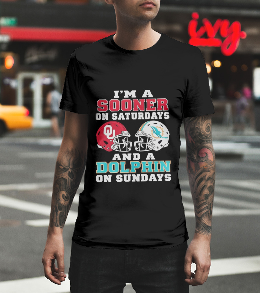 I'm A Sooner On Saturdays And A Dolphin On Sundays Football Helmets OU Miami T-Shirt