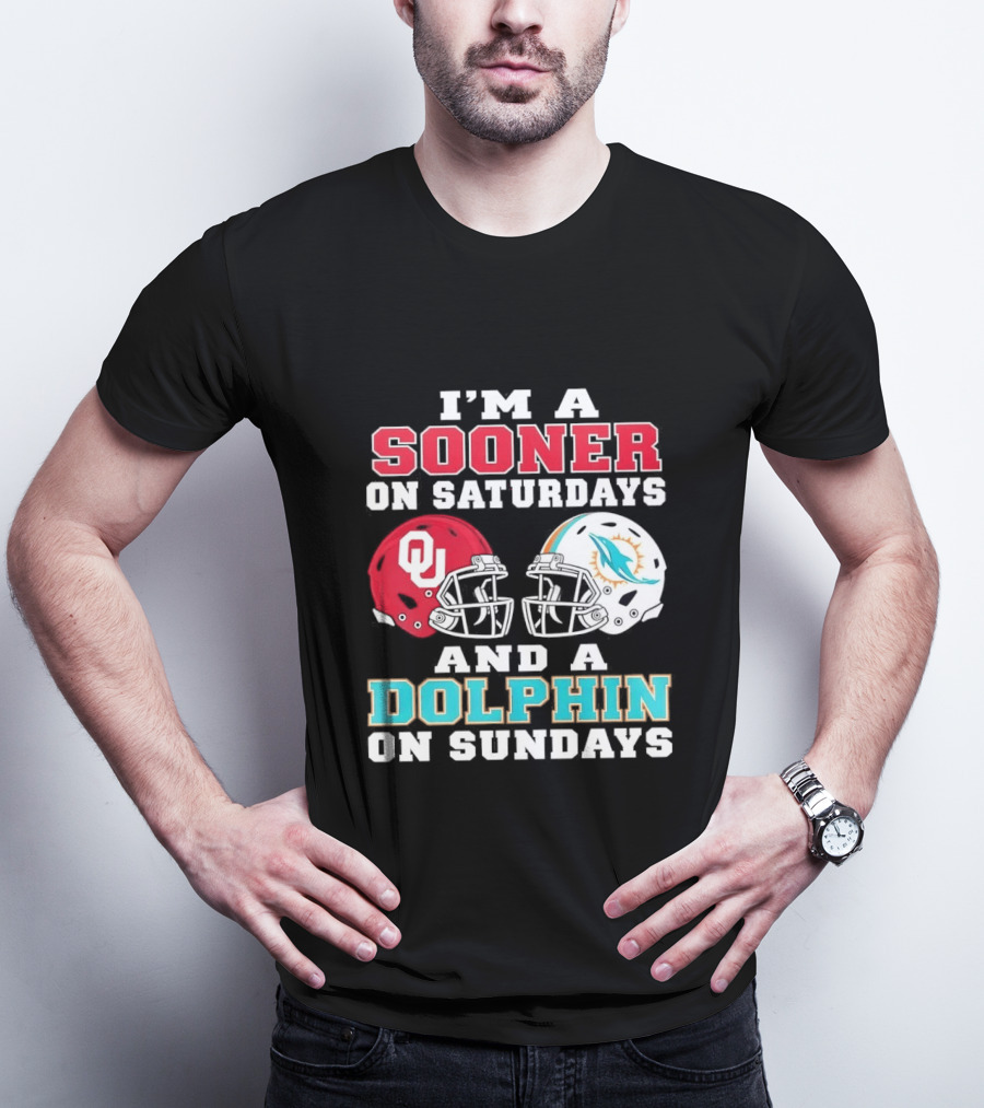 I'm A Sooner On Saturdays And A Dolphin On Sundays Football Helmets OU Miami T-Shirt
