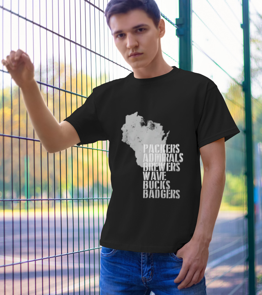 Packers Admirals Brewers Wave Bucks Badgers Wisconsin State Map Stencil T-Shirt