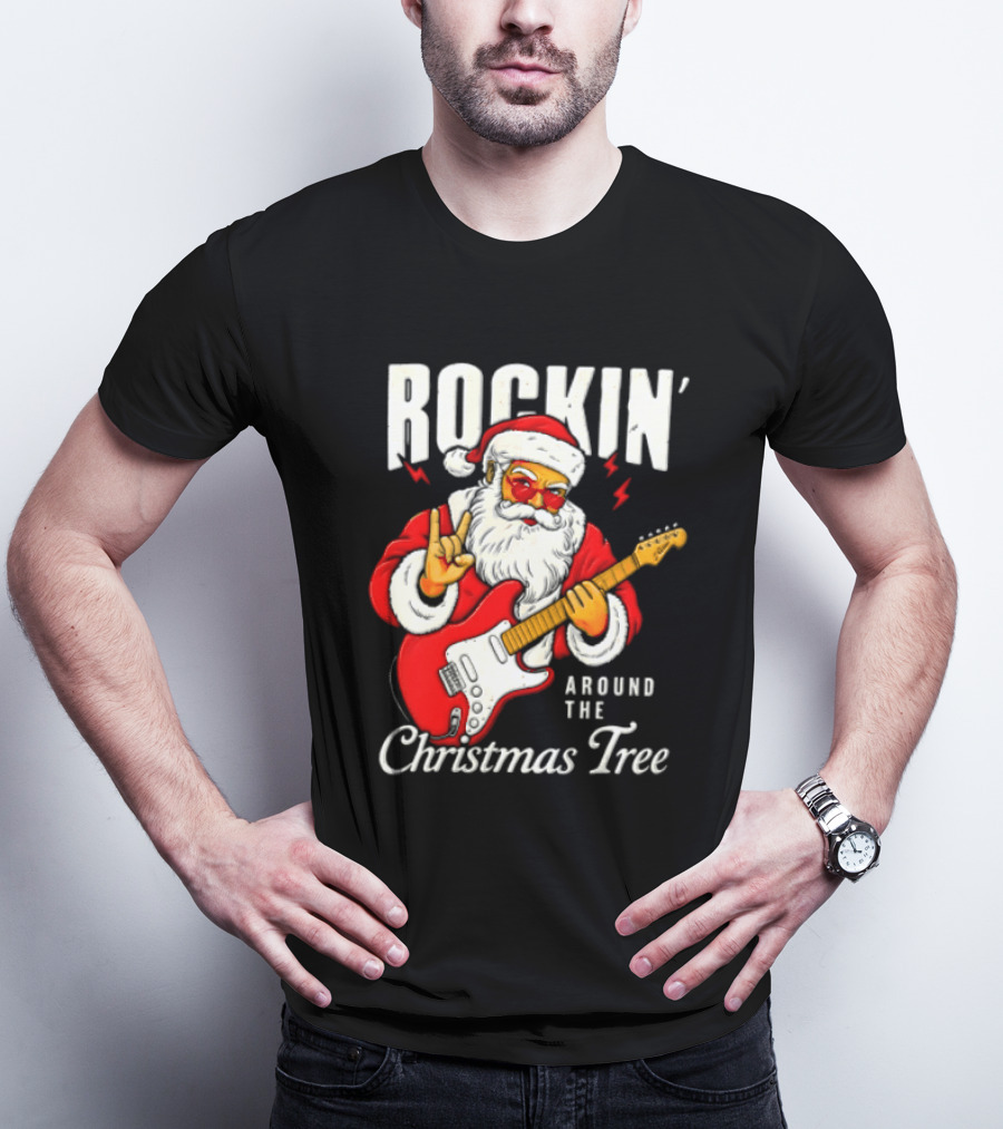 Rockin' Santa Christmas Tree Guitar Holiday T-Shirt