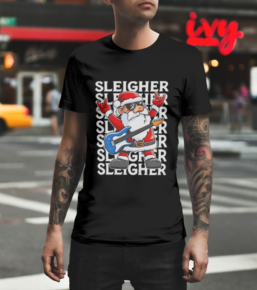 Sleigher Christmas Santa Rocking Guitar Holiday T-Shirt