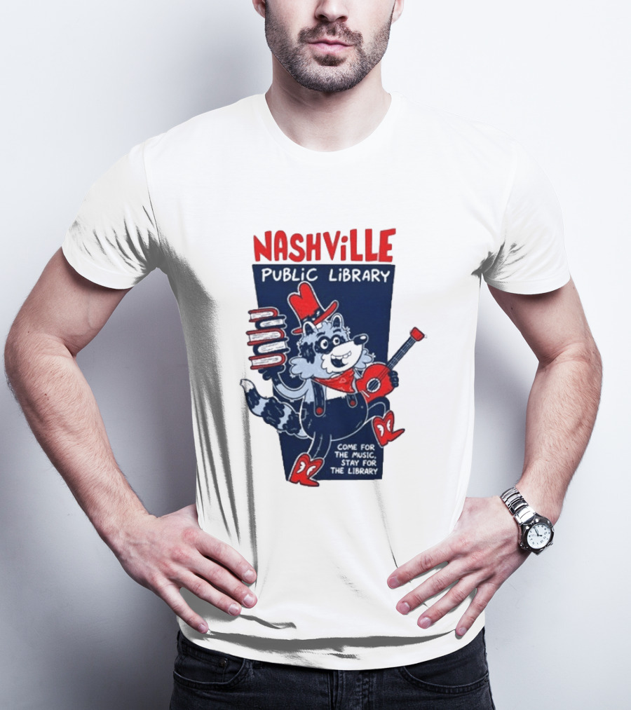Nashville Public Library Come For The Music Stay For The Library Books Guitar Raccoon T-Shirt