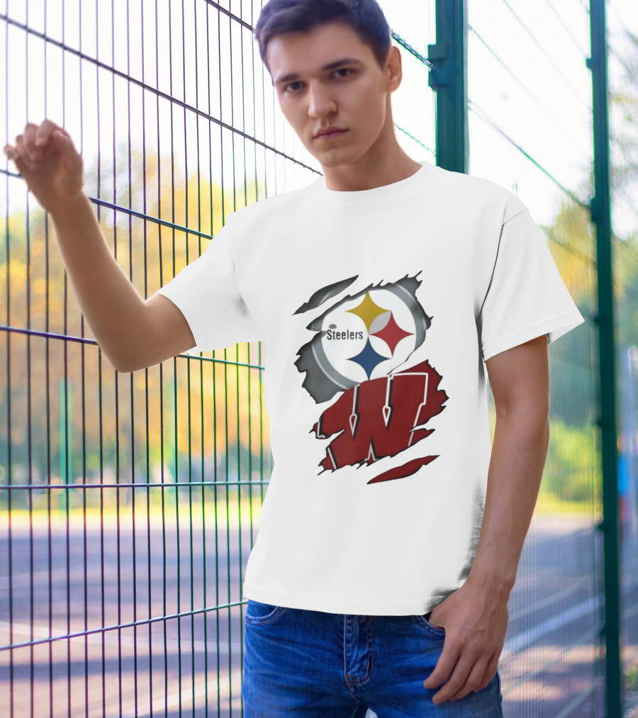 Pittsburgh Steelers Wisconsin Badgers Ripped Fabric T-Shirt