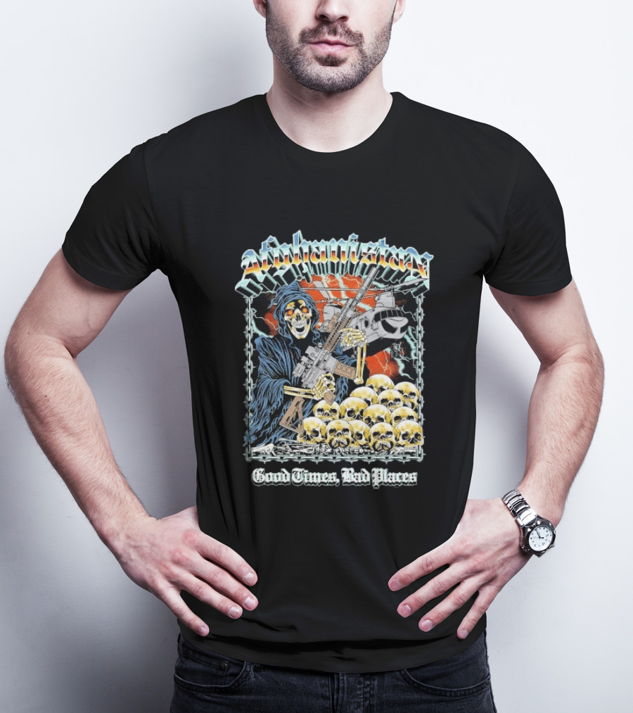 Afghanistan Chrome Skull With Helicopter Good Times Bad Places T-Shirt