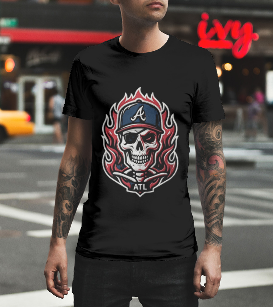 Atlanta Braves Skull Cap Flames ATL T-Shirt