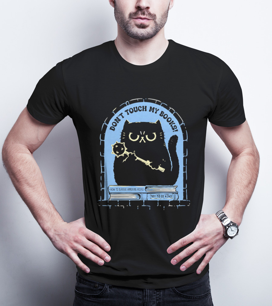 Black Cat Don't Touch My Books Illustration With Mace And Stacked Books T-Shirt