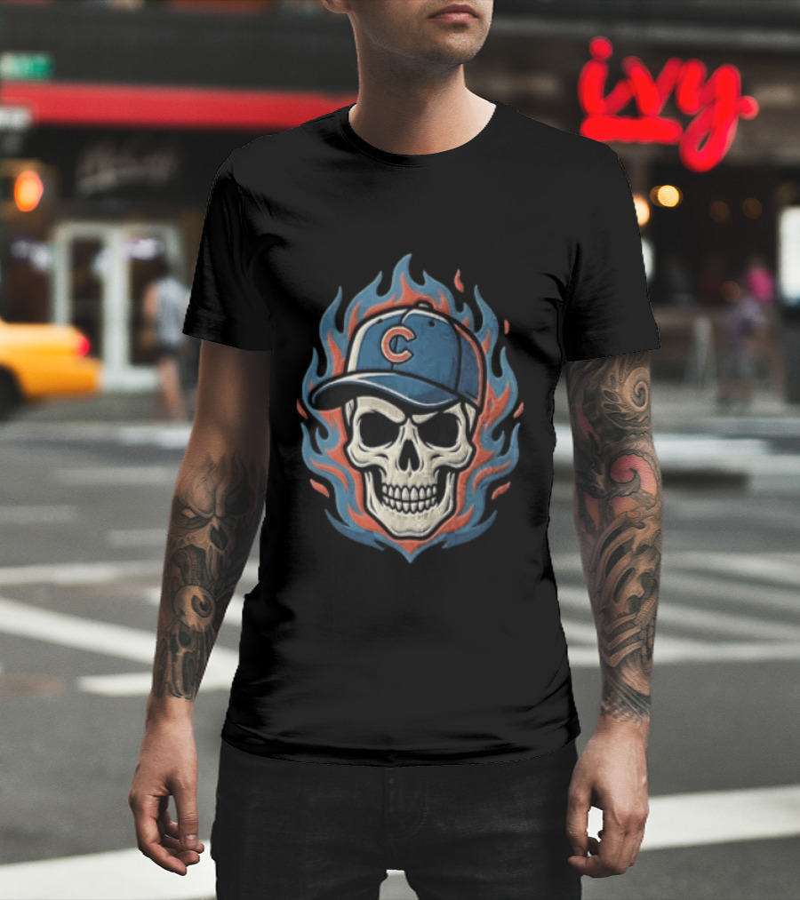 Chicago Cubs Skull Cap Flames T-Shirt