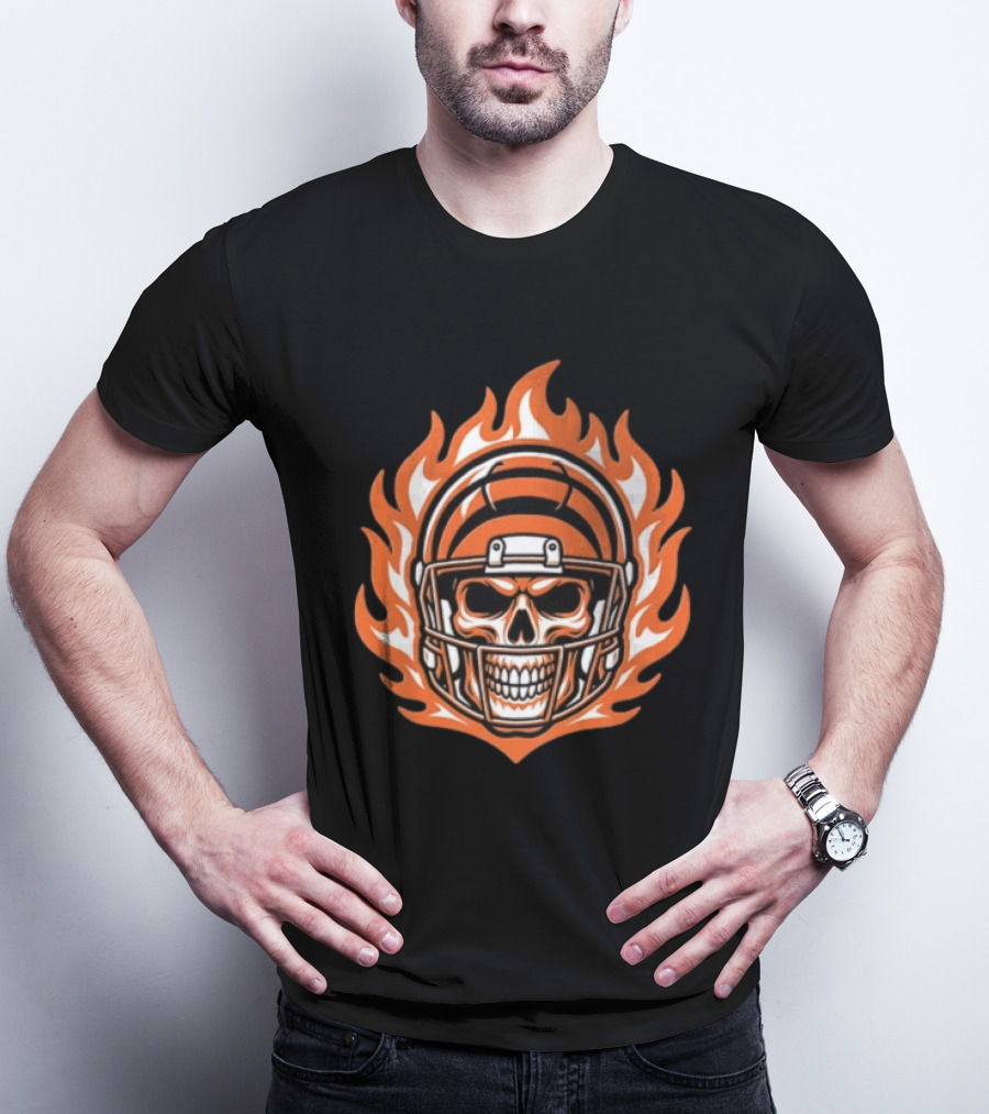 Cincinnati Bengals Skeleton Football Player Flaming Helmet T-Shirt