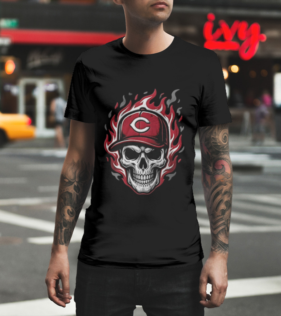 Cincinnati Reds Skull In Baseball Cap With Flames T-Shirt