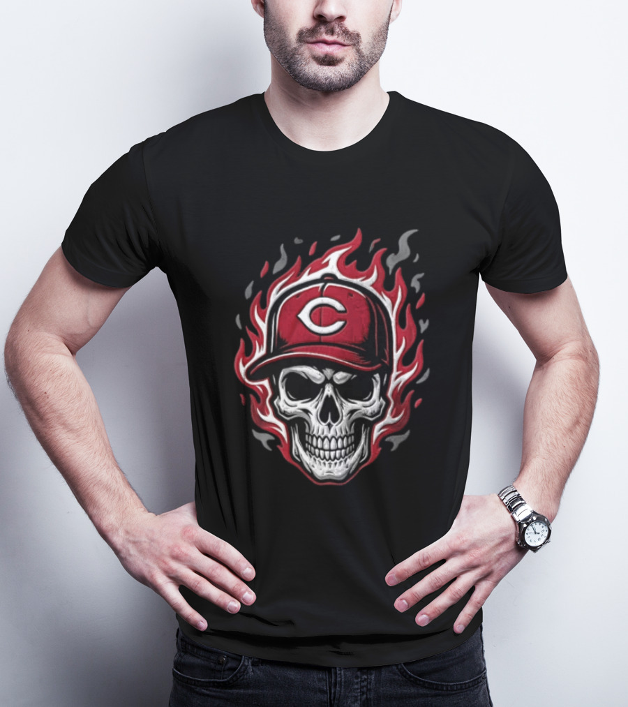 Cincinnati Reds Skull In Baseball Cap With Flames T-Shirt