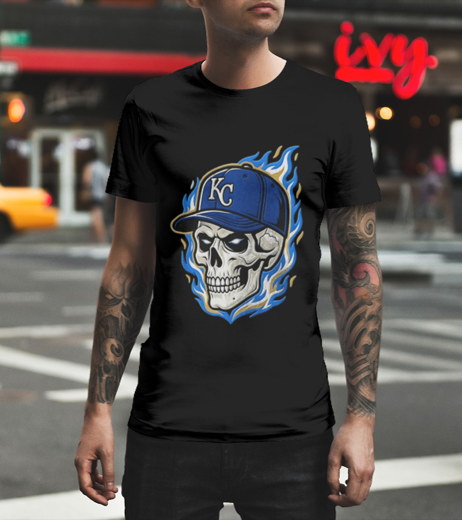 Kansas City Royals Skull Baseball Cap Flame T-Shirt