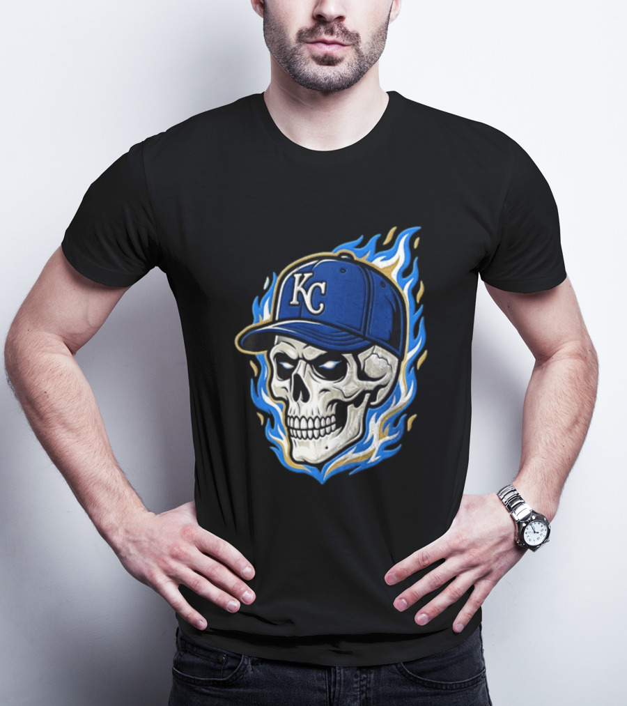 Kansas City Royals Skull Baseball Cap Flame T-Shirt