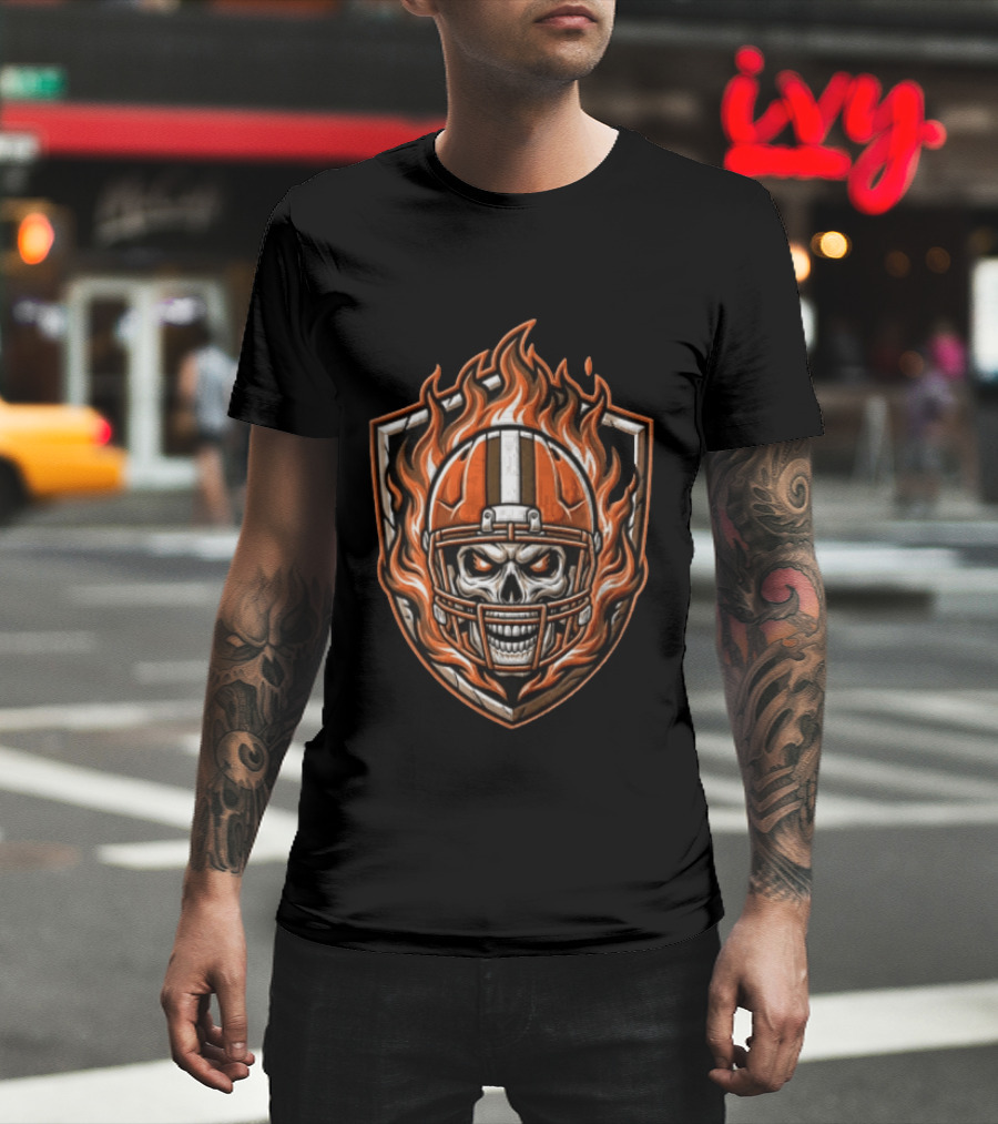 Cleveland Browns Skeleton Football Player Flaming Helmet Shield T-Shirt