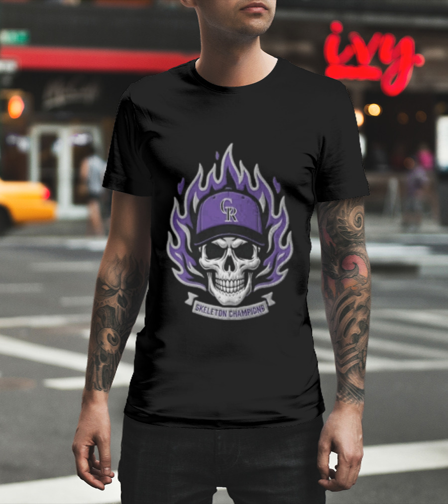Colorado Rockies Skeleton Champions Skull In Baseball Cap With Purple Flames T-Shirt