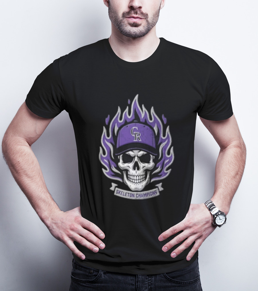 Colorado Rockies Skeleton Champions Skull In Baseball Cap With Purple Flames T-Shirt