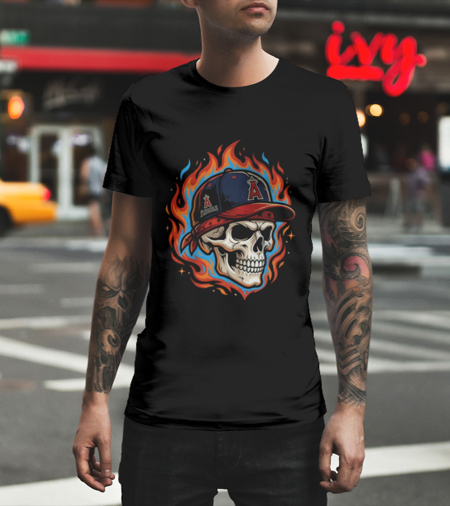 Los Angeles Angels Skull In Baseball Cap With Flames T-Shirt