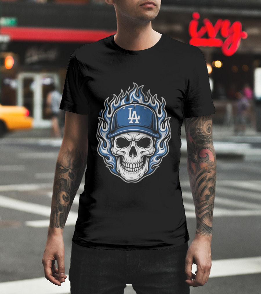 Los Angeles Dodgers Skull Cap Flames T-Shirt