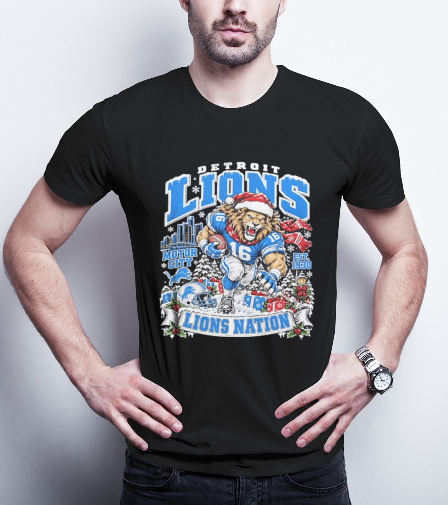 Detroit Lions Nation Christmas Motor City Est 1930 Santa Hat Football T-Shirt